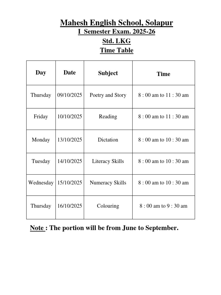 STD - LKG - I Semester Exam Time Table 2025-26 | PDF