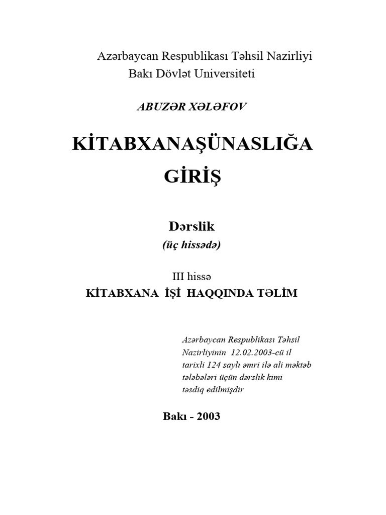 K Tabxana Ünasli A G R: Az Rbaycan Respublikas T Hsil Nazirliyi Bak Dövl T Universiteti | PDF
