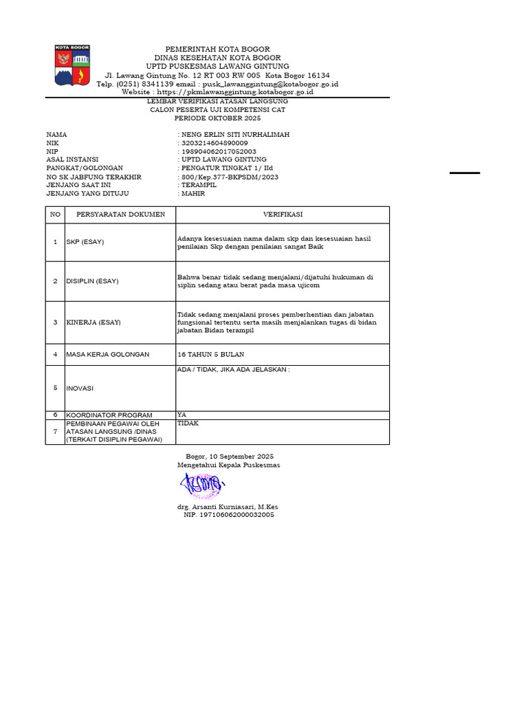 Verifikasi Uji Kompetensi Neng Erlin 2025 | PDF