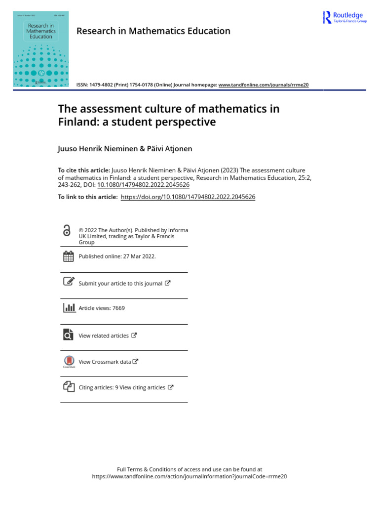 The Assessment Culture of Mathematics in Finland A Student Perspective ...