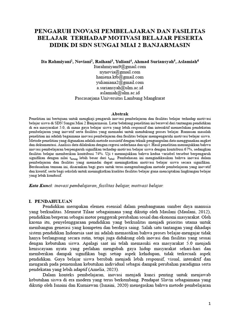 Pengaruh Inovasi Dan Fasilitas Sekolah (Ita Rahmiyani, Noviani, Raihani ...