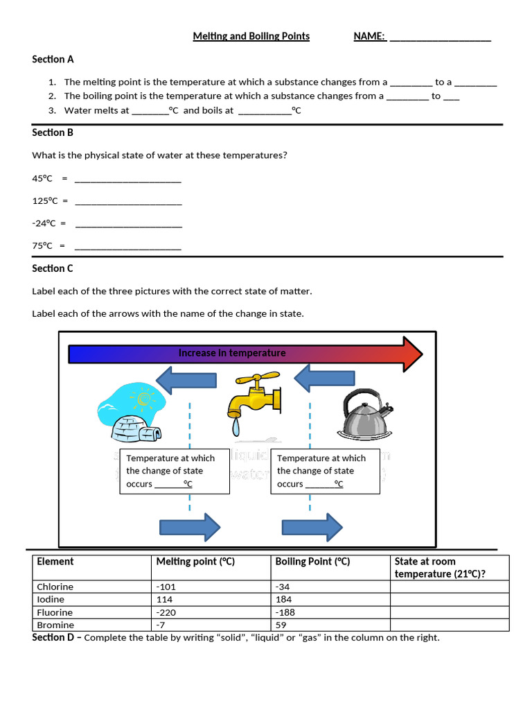 Melting Point and Boiling Point Worksheet | PDF