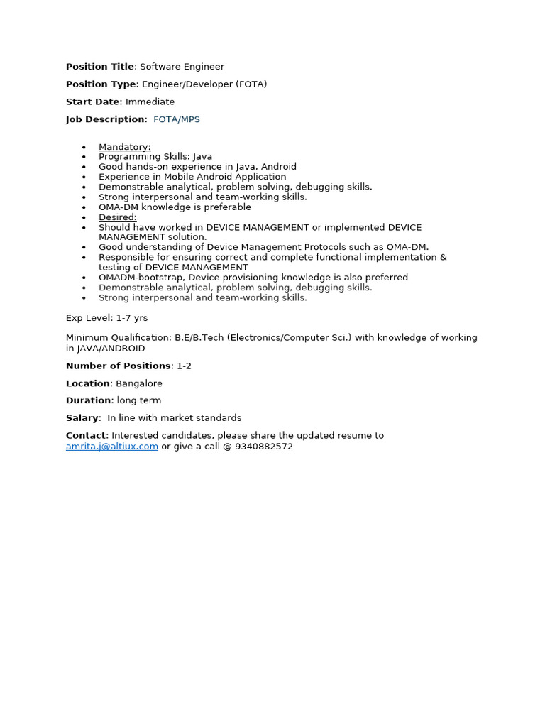 JD Software Engineer FOTA | PDF