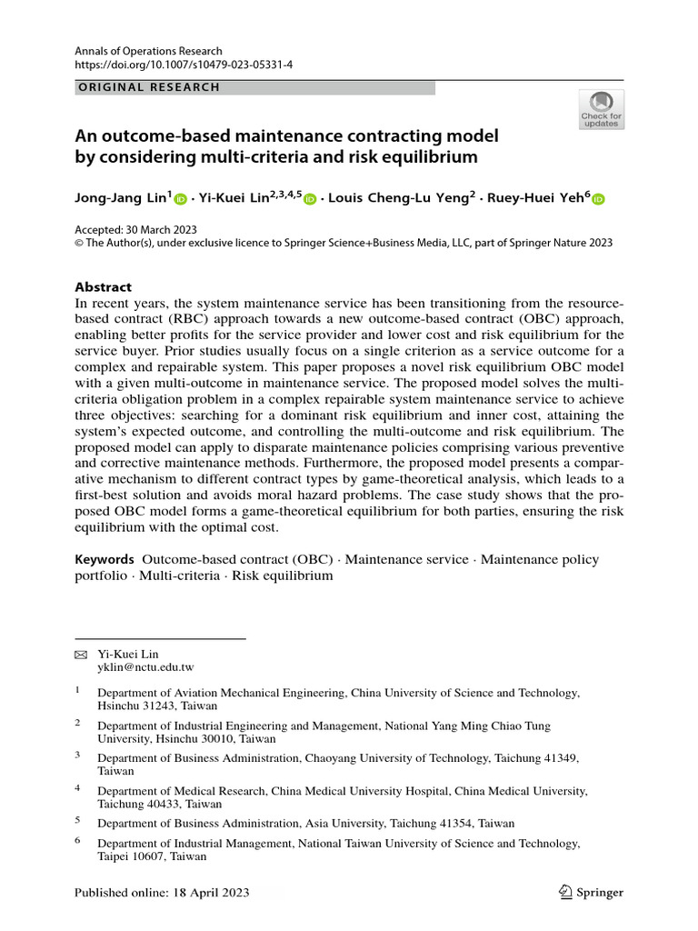 2023 An Outcome-Based Maintenance Contracting Model by Considering Multi-Criteria and Risk ...