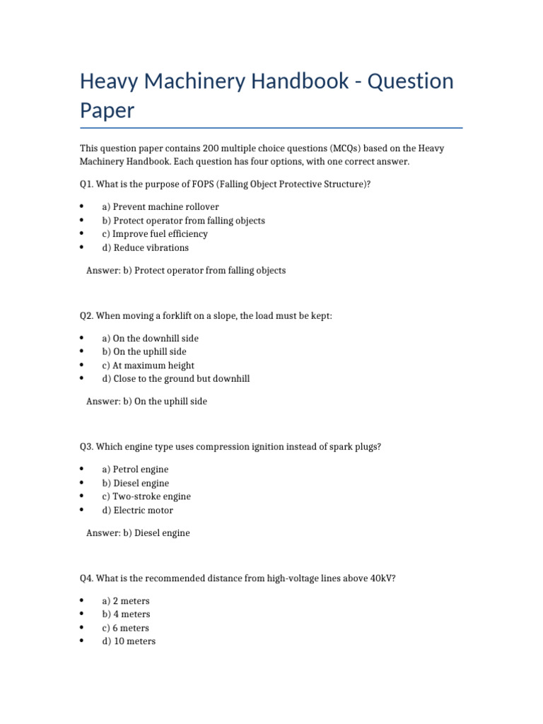 Heavy Machinery Handbook MCQ Exam | PDF | Diesel Engine | Engines