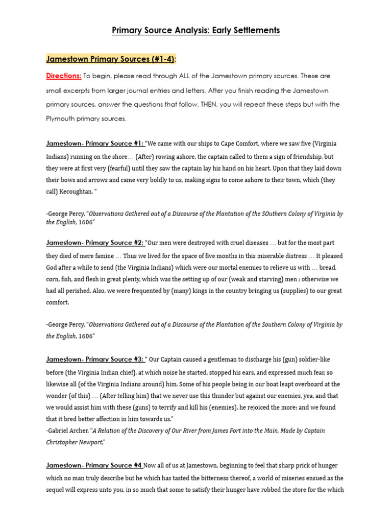 Jamestown Colony Primary Source Insights | PDF | Plymouth Colony ...