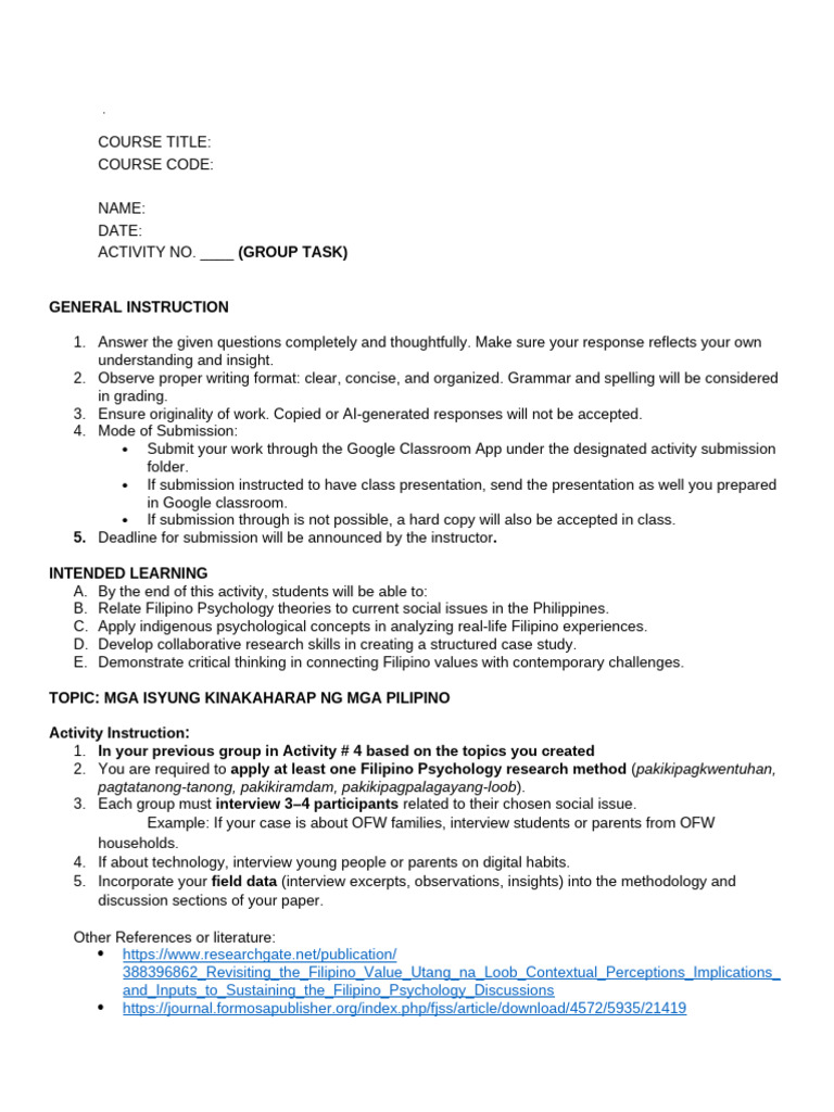 Filipino Psychology Group Activity Guide | PDF | Psychology | Methodology