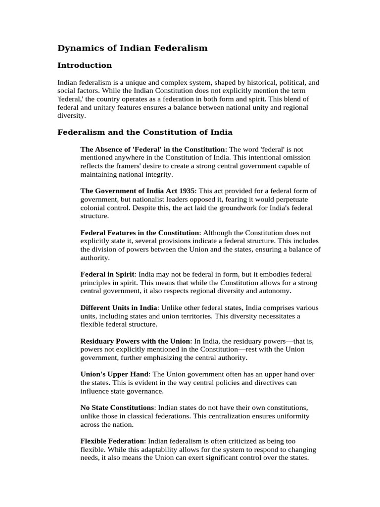 Dynamics of Indian Federalism Explained | PDF | Federalism | Federation