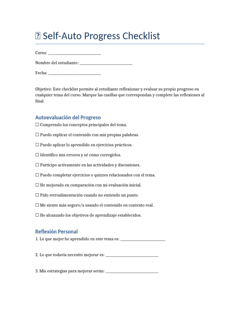 Self Auto Progress Checklist | PDF