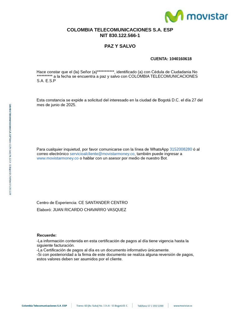 Certificado Paz y Salvo Movistar Colombia | PDF