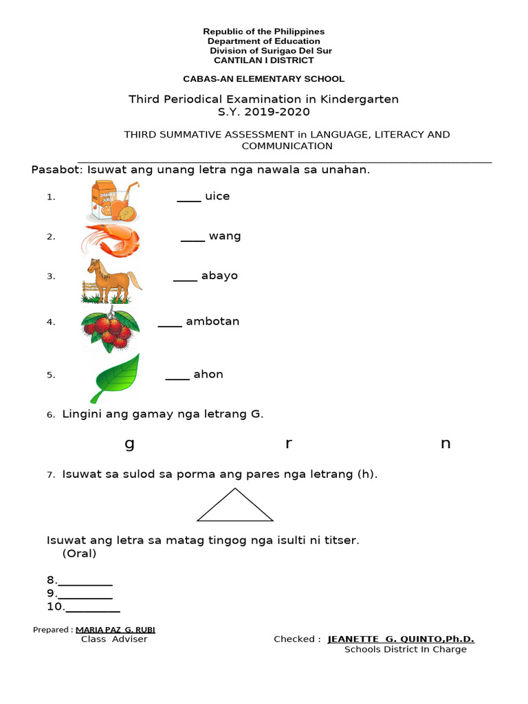 3rd Quarter Assessment Kindergarten | PDF