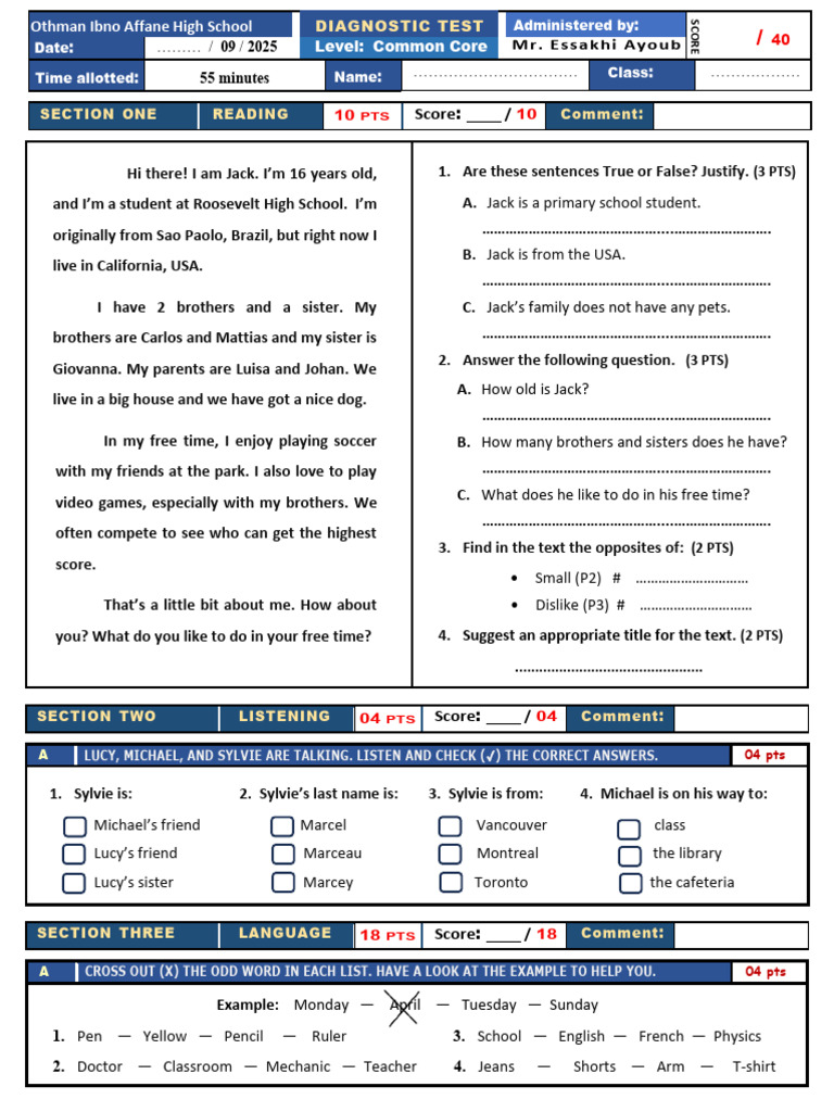 Diagnostic Test (Common Core) | PDF | Linguistics