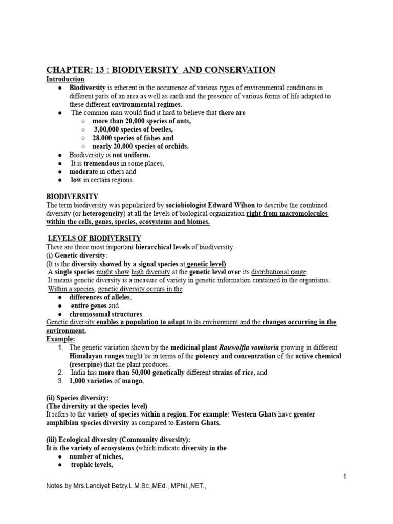 Class 12 Biodiversity & Conservation Notes | PDF | Biodiversity ...