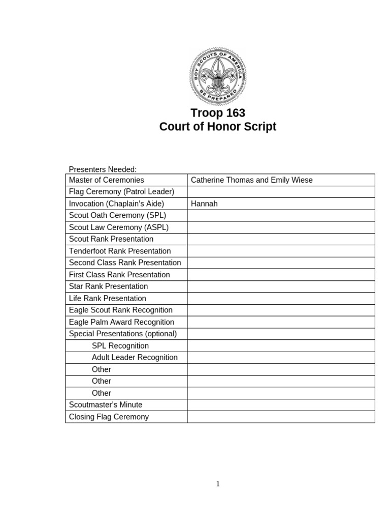 Court of Honor Script | PDF | Scouting | Scouting And Guiding
