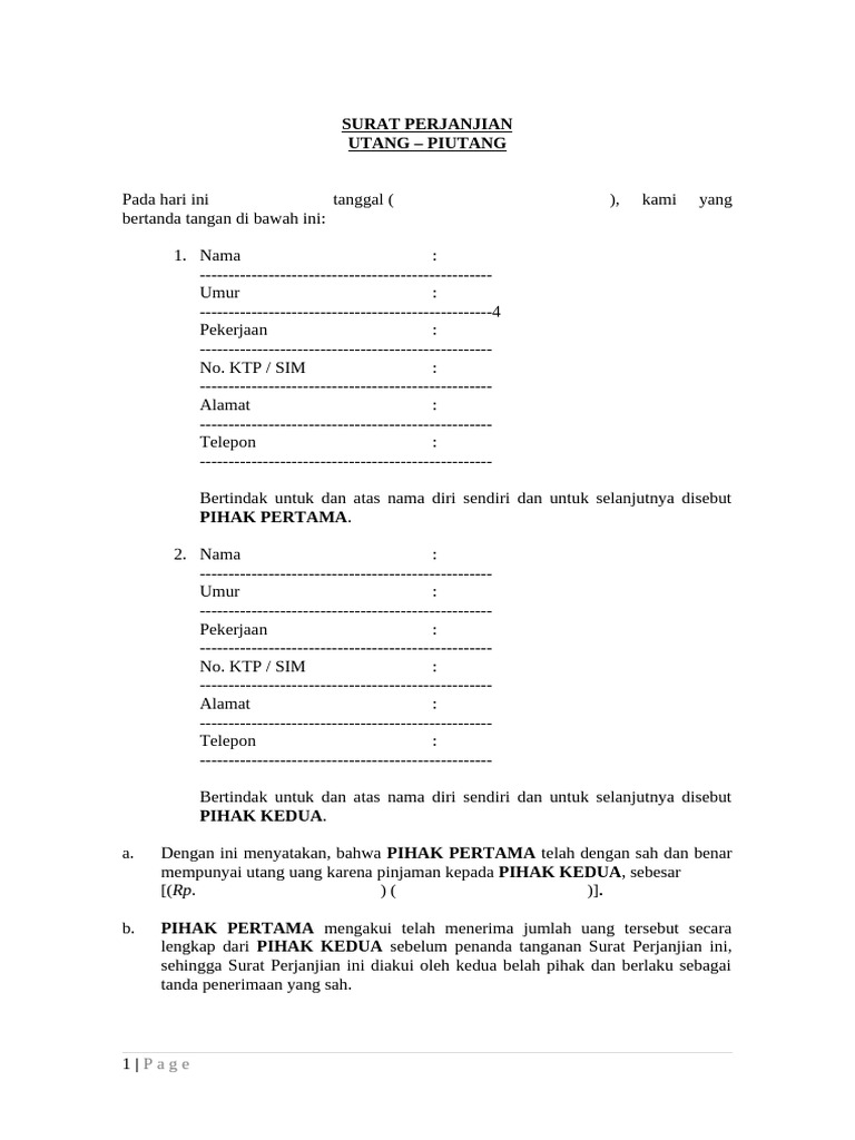 Contoh Surat Perjanjian Utang Piutang | PDF