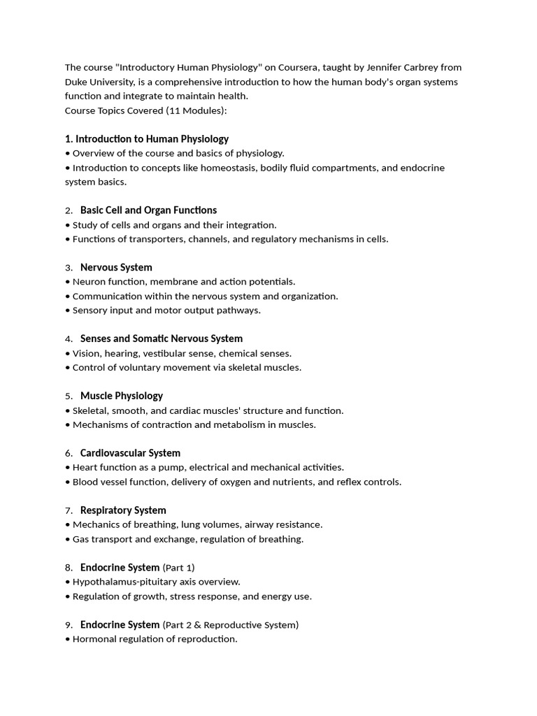 CourseOutline - Introductory Human Physiology | PDF