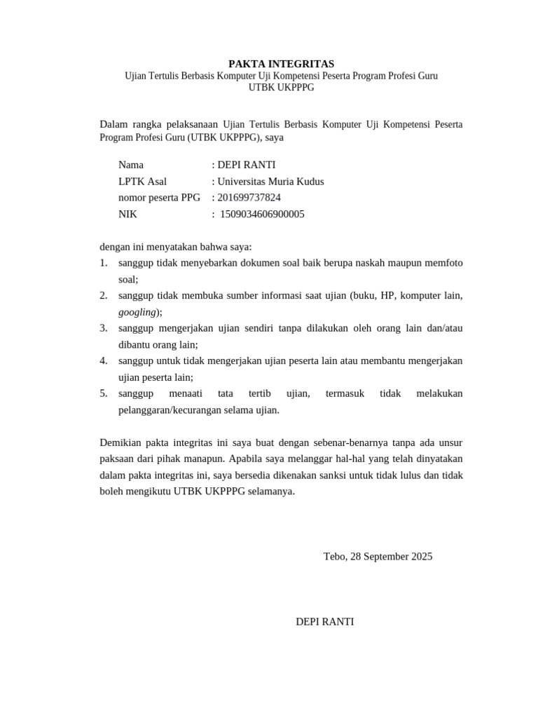 Format Pakta Integritas UTBK UKPPPG - Depi | PDF