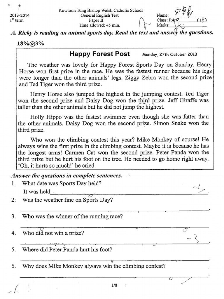 Walsh School P4 English Test Paper 2 | PDF