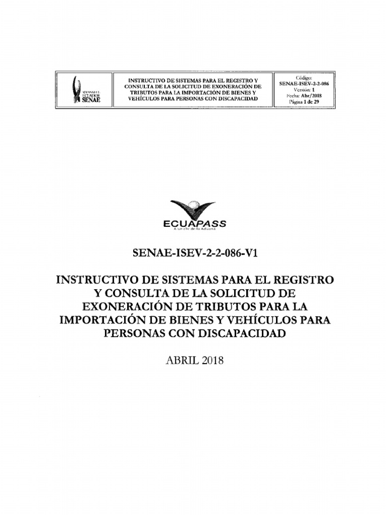 Intructivo Exoneracion Vehiculo Discapacitados Senae-Isev-2-2-086-V1 | PDF