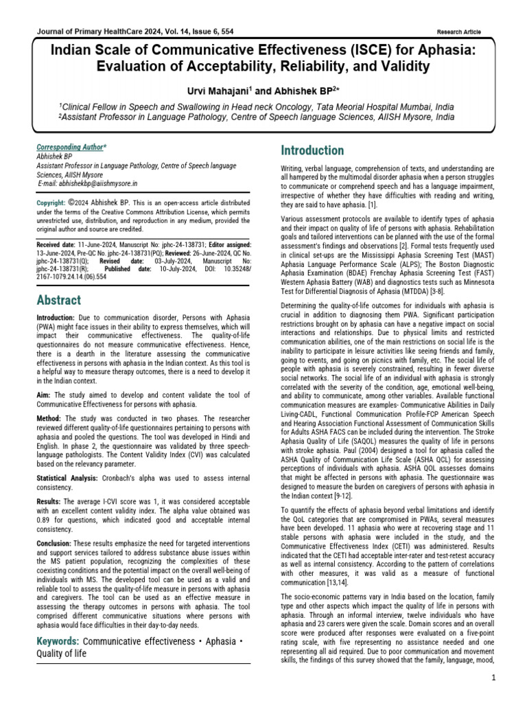 Indian Scale of Communicative Effectiveness Isce For Aphasia Evaluation ...