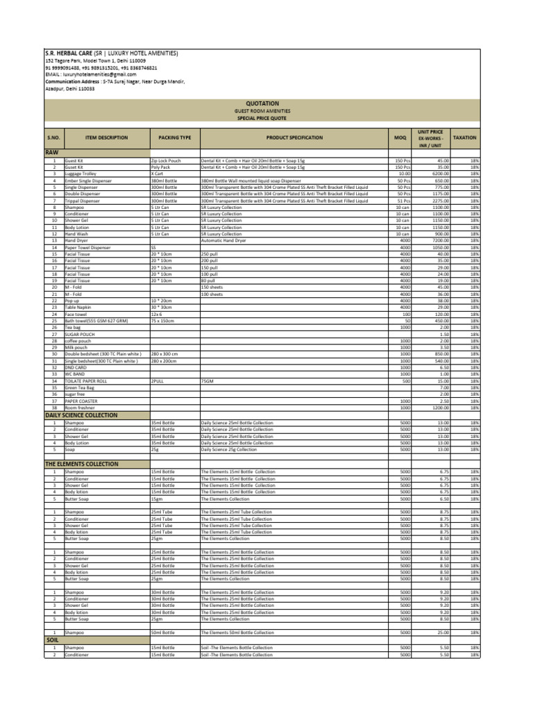 Hotel Amenities Price List | PDF | Personal Hygiene Products