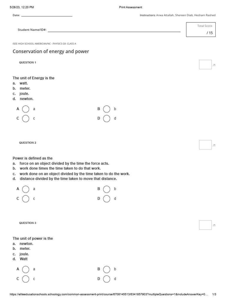 Physics Assessment: Energy & Power Concepts | PDF | Potential Energy ...