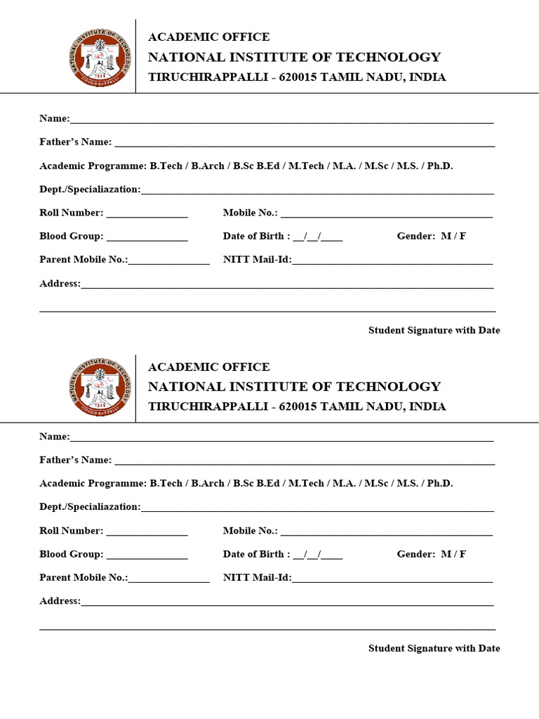 NIT Trichy Student ID Card Form | PDF