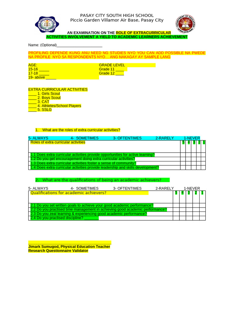 Questionaire Format With Example Contents | PDF | Learning | Psychology