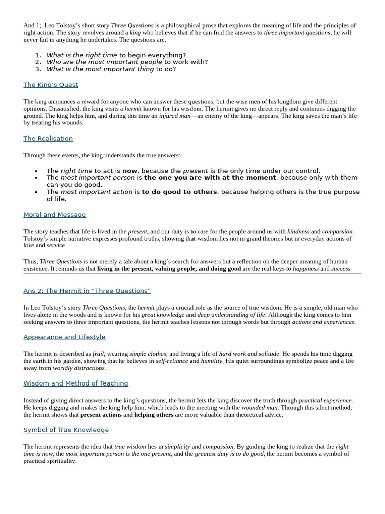 Three Questions | PDF | Wisdom | Meaning Of Life