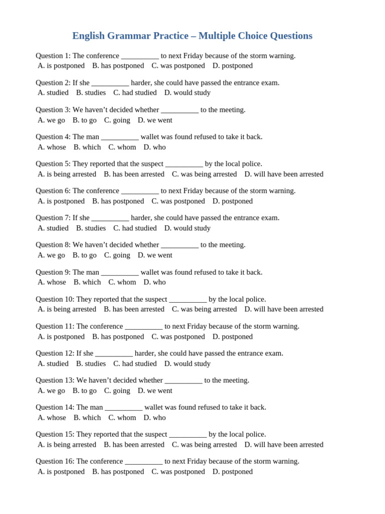 English Grammar MCQ Practice Test | PDF | Qualifications | Tests