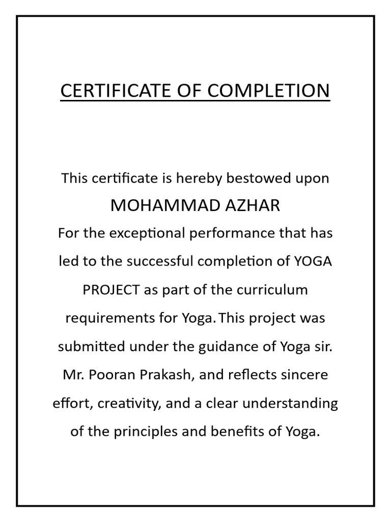 Yoga Project Completion Certificate | PDF
