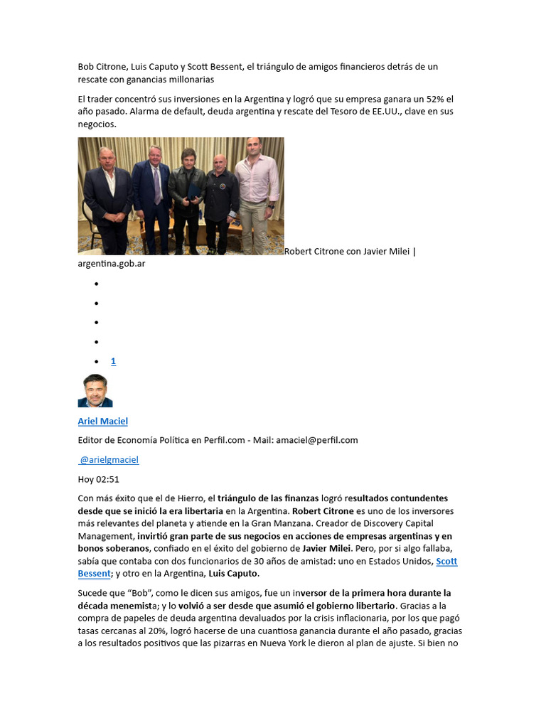 Bob Citrone, Luis Caputo y Scott Bessent, El Triángulo de Amigos ...