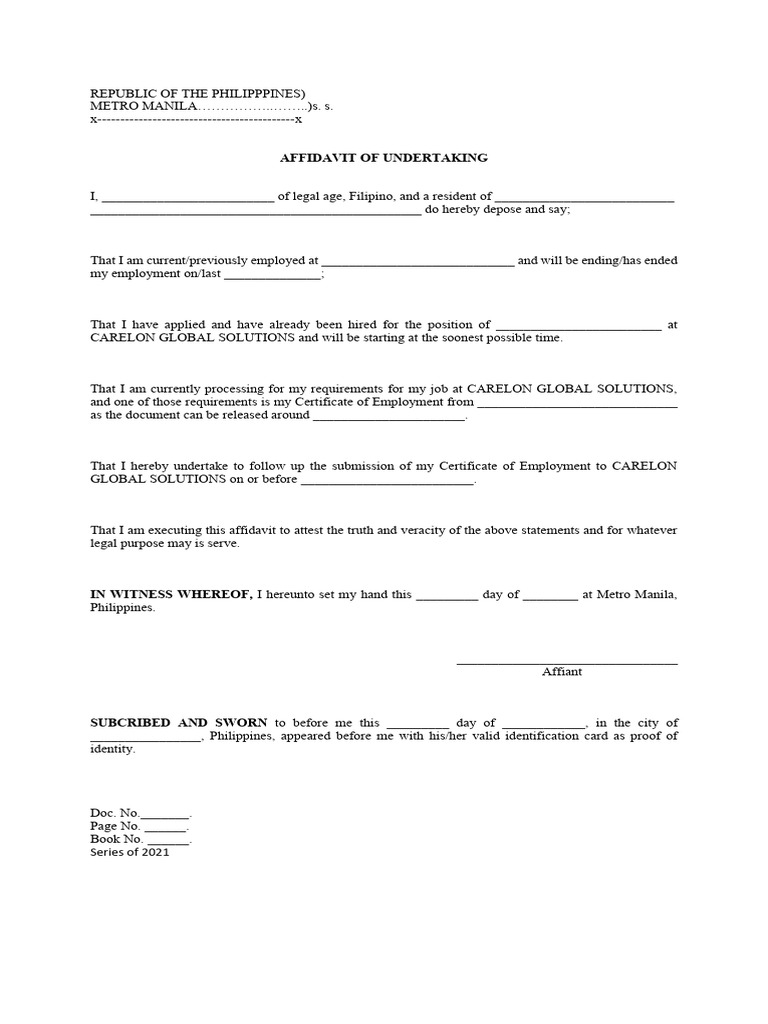 Notarized Employment Undertaking Affidavit | PDF