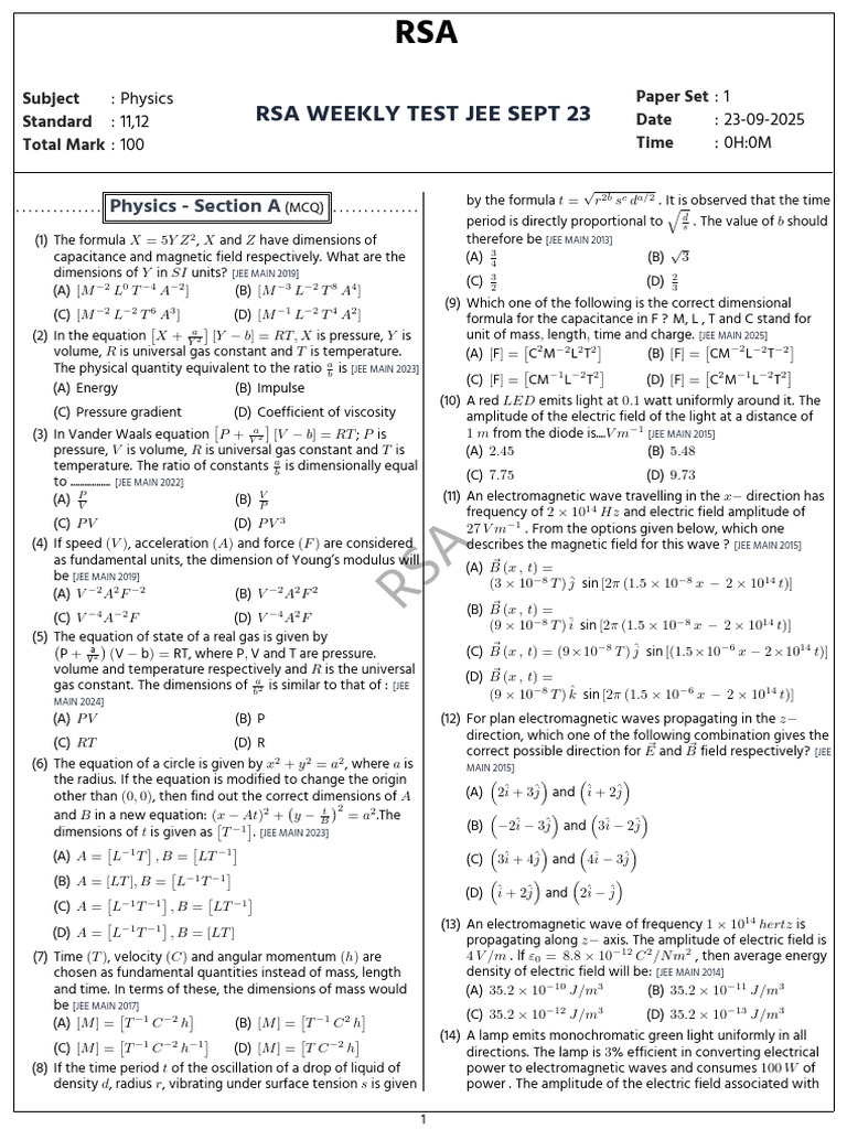Rsa Weekly Test Jee Sept 23 933042 1 1758610093 | PDF | Waves | Diode
