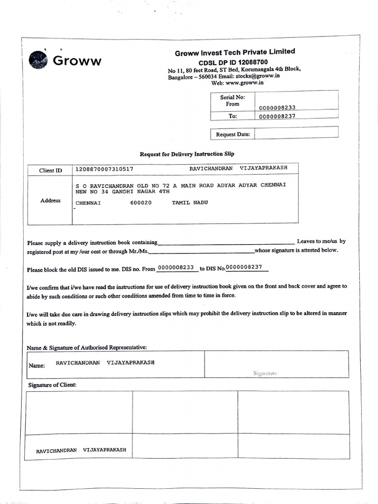 Groww Delivery Instruction Slip Request | PDF