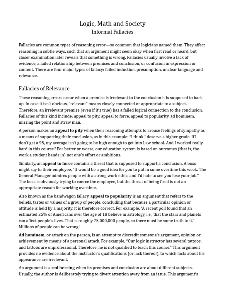 Fallacies Handout Class College Pdf Fallacy Argument