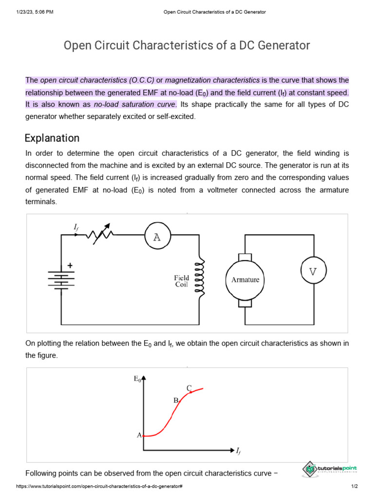 Open Circuit Characteristics of A DC Generator | PDF