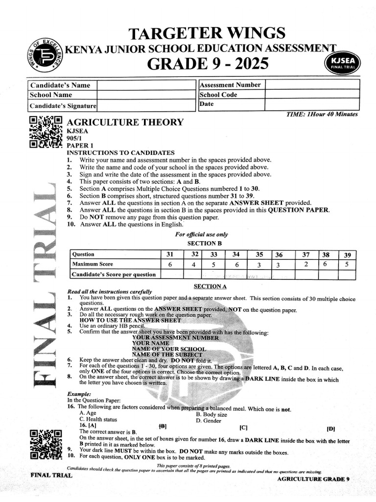 Targeter Final Trial Grade 9 Agriculture 2 | PDF
