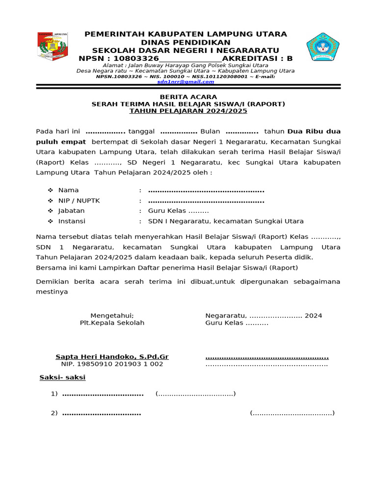 Berita Acara Serah Terima Raport 2024 | PDF