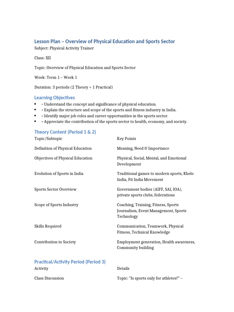 Physical Education Overview Lesson Plan | PDF | Physical Education ...