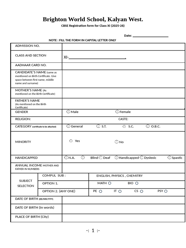 CBSE Registration Form For Class XI | PDF