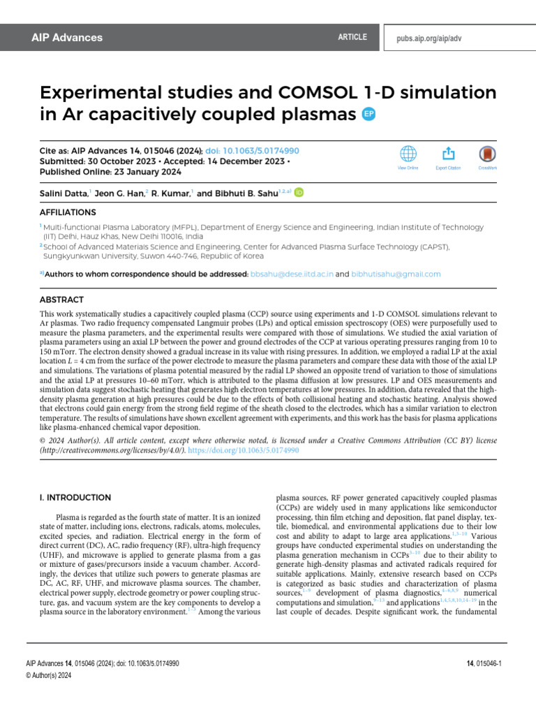 Experimental Studies and COMSOL 1-D Simulation in | PDF | Plasma ...
