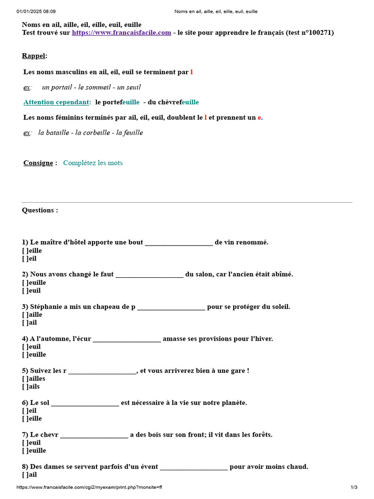 Noms en Ail, Aille, Eil, Eille, Euil, Euille 5e | PDF
