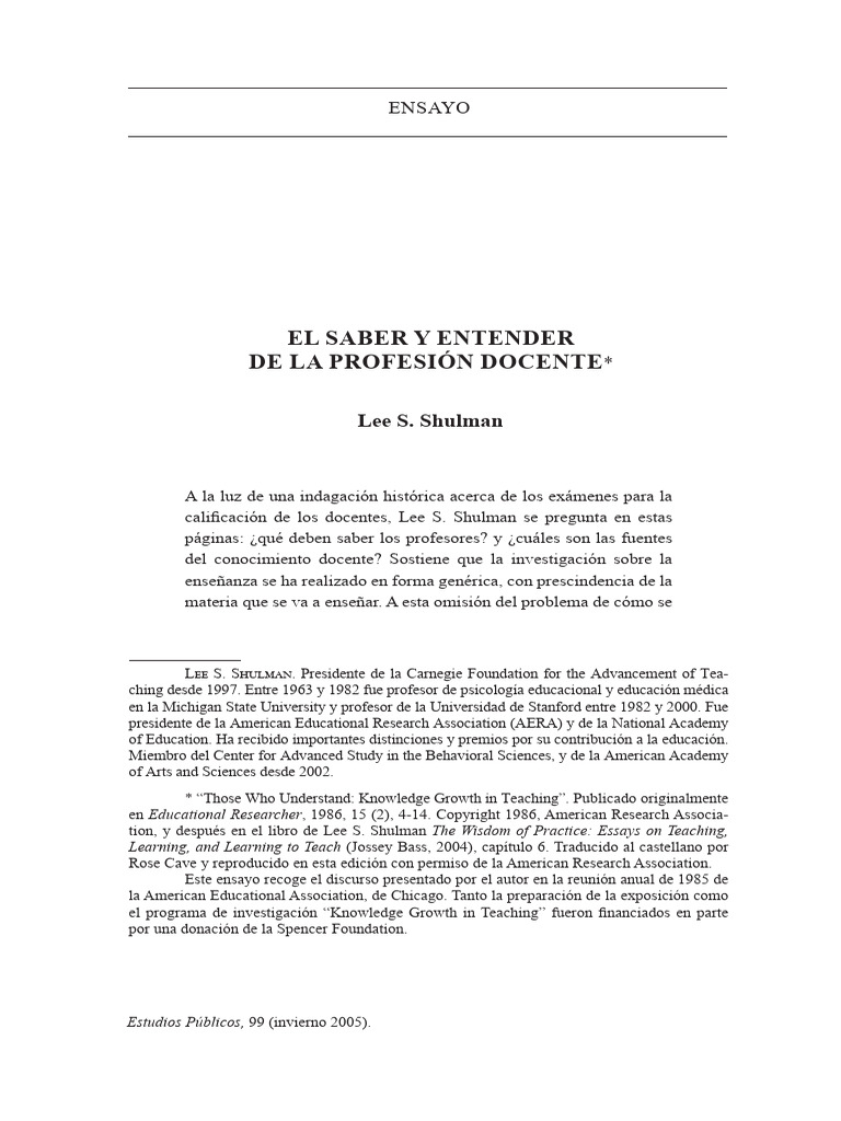 El Saber y Entender de La Profesión Docente - Lee S. Shulman | PDF | Conocimiento | Maestros