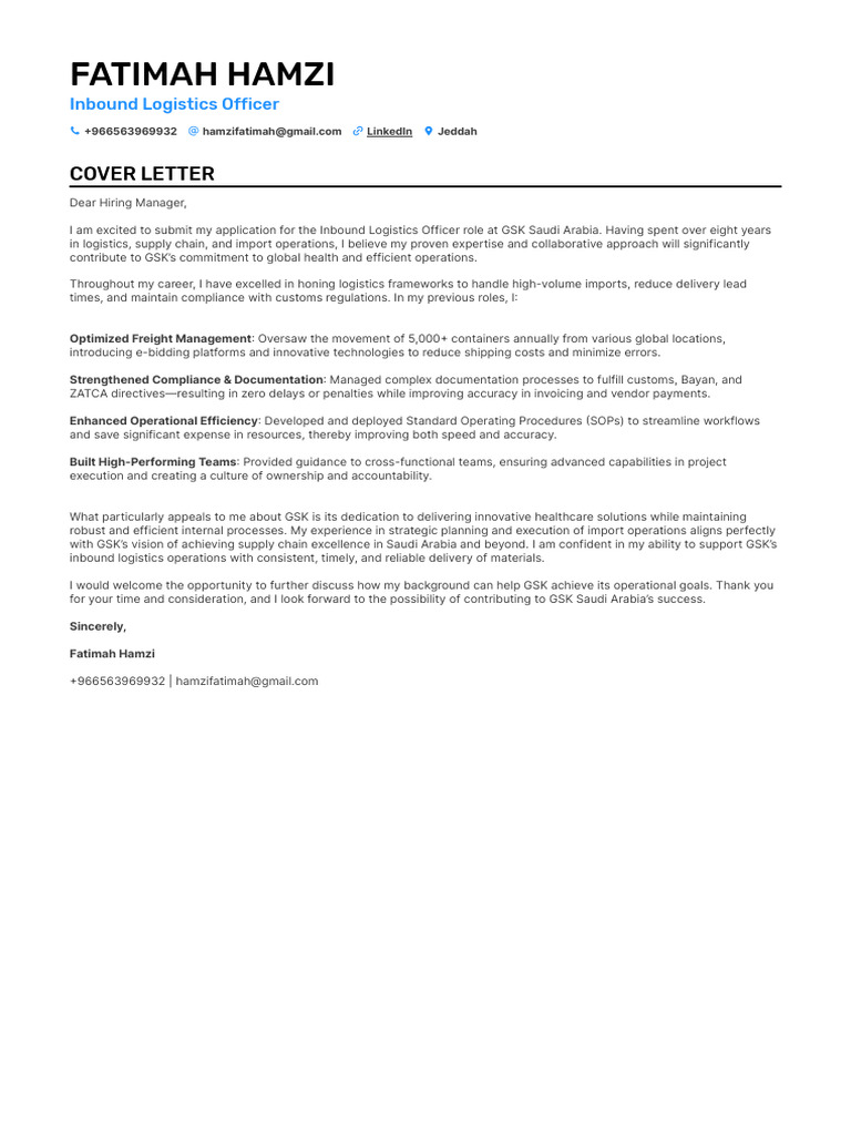 Inbound Logistics Officer Cover Letter | PDF
