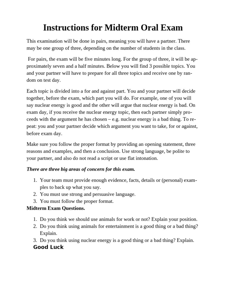 Instructions For Midterm Oral Exam | PDF
