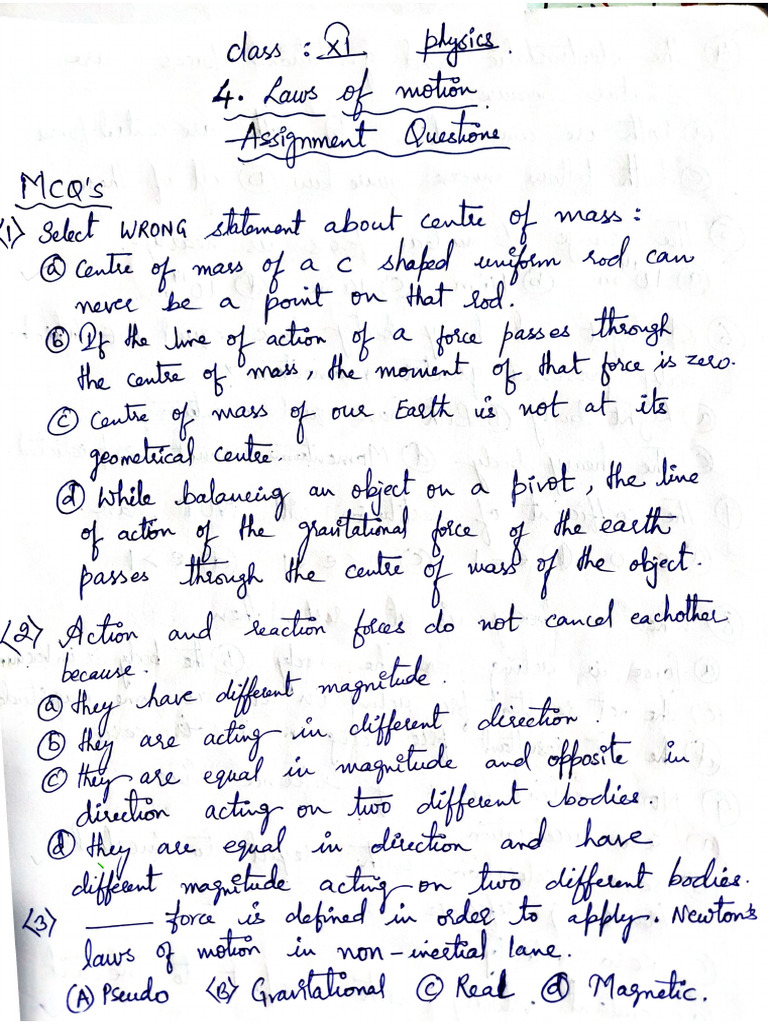 Assignment Quest 4 - Laws of Motion Class Xi | PDF