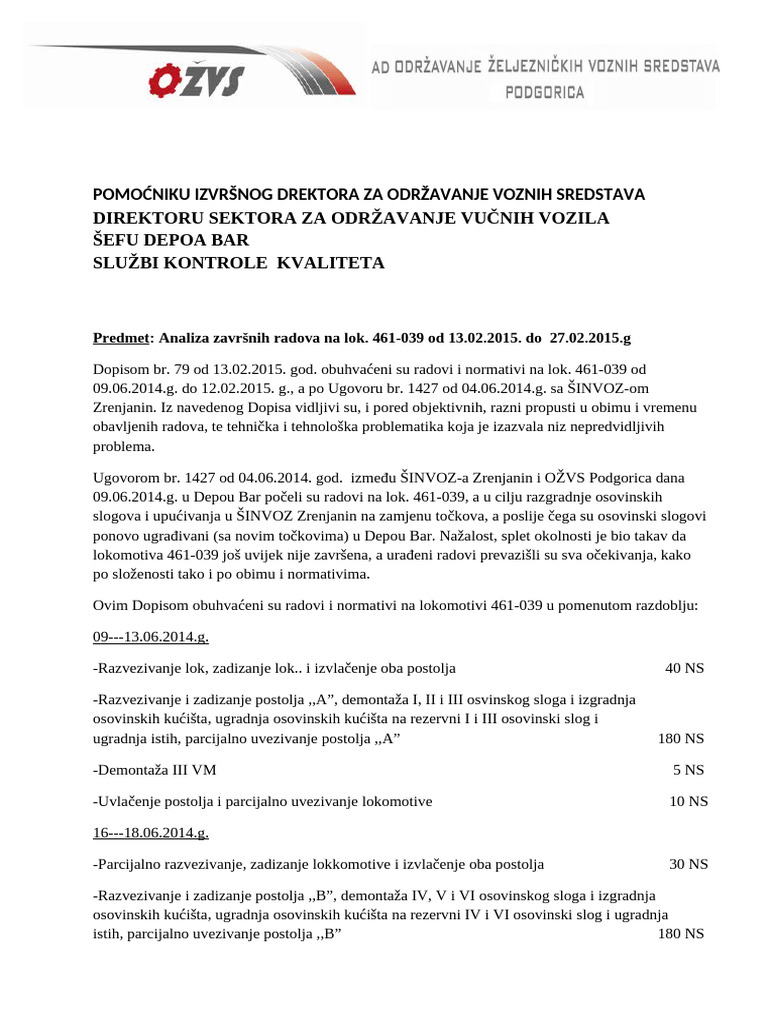 Analiza Završnih Radova Na Lok 461-039 Od 13.02.2015 Do 27.02.2015. | PDF