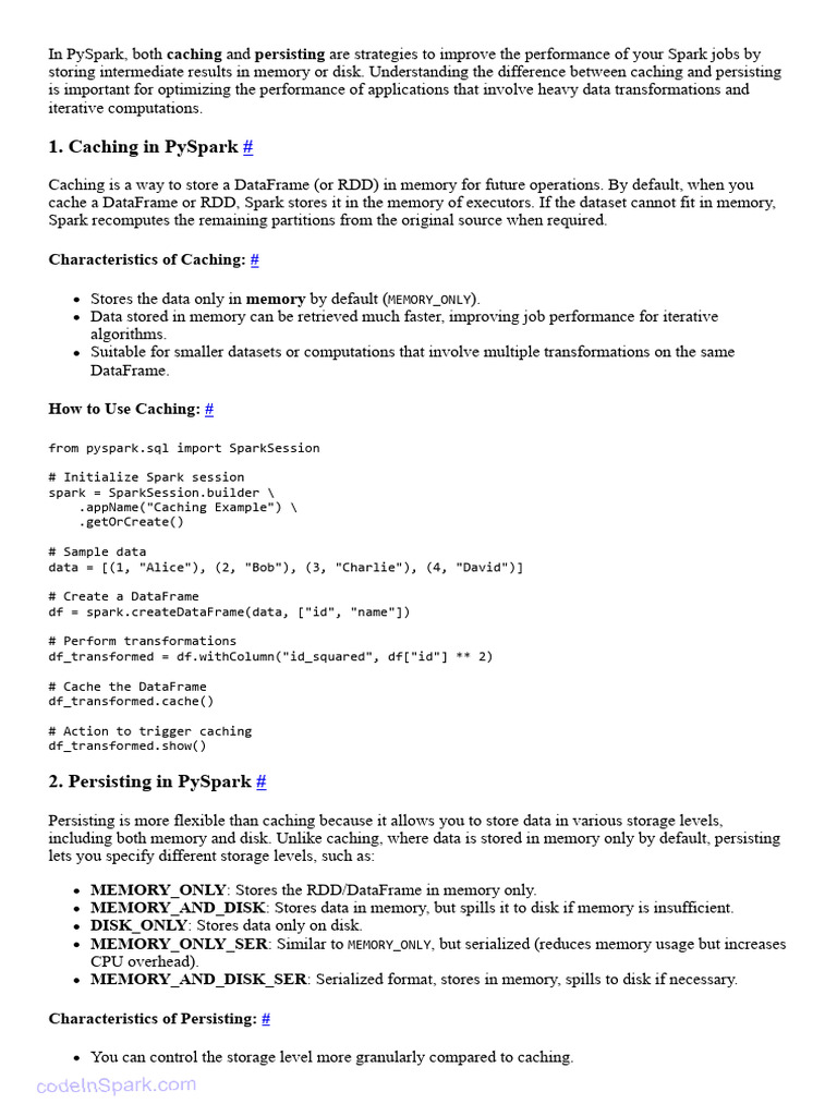 PySpark Caching vs Persisting Explained | PDF | Cache (Computing ...