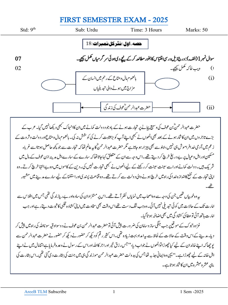 9th Urdu 1 Sem 2025 | PDF